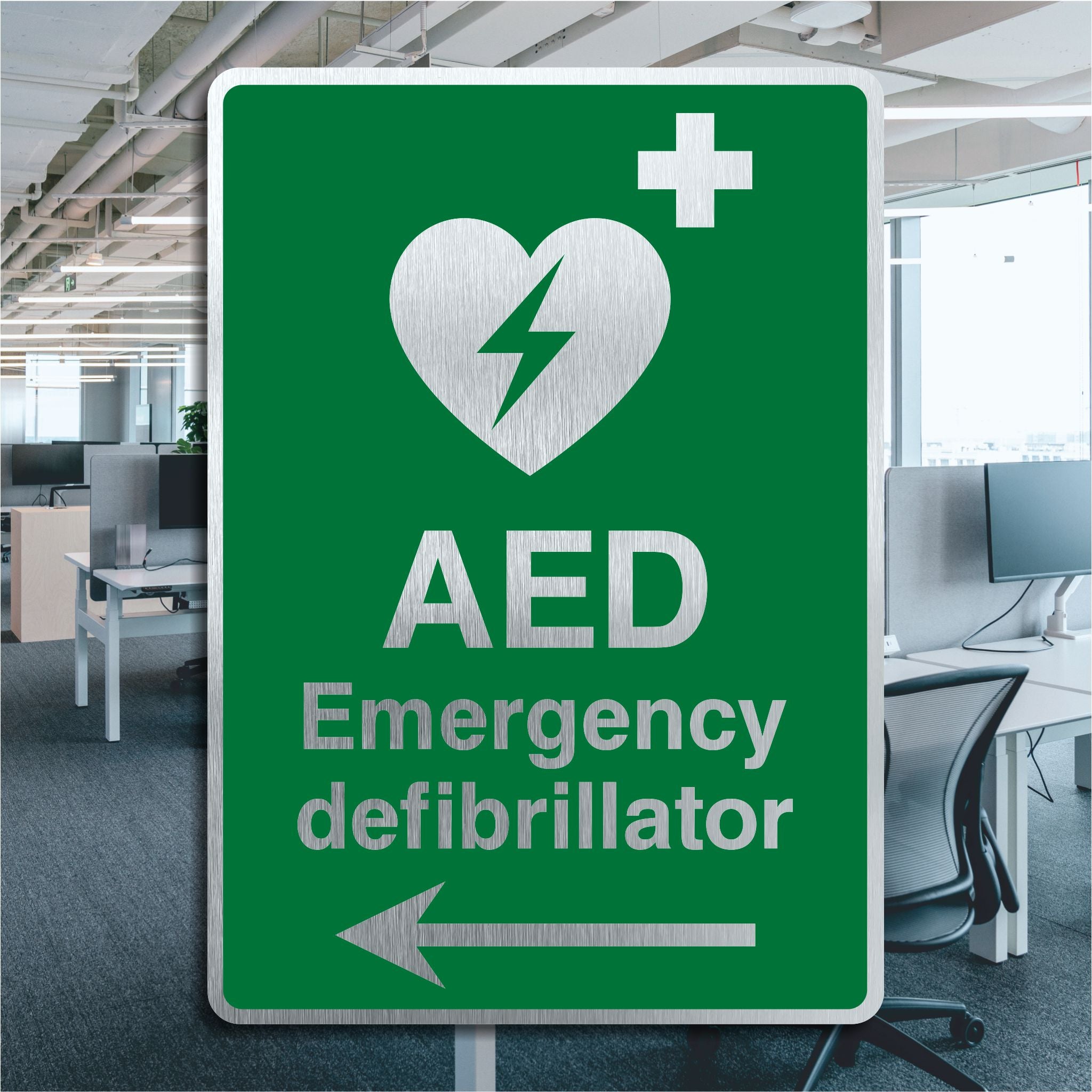 Brushed Aluminium AED Emergency Defibrillator Left Pointing Directiona
